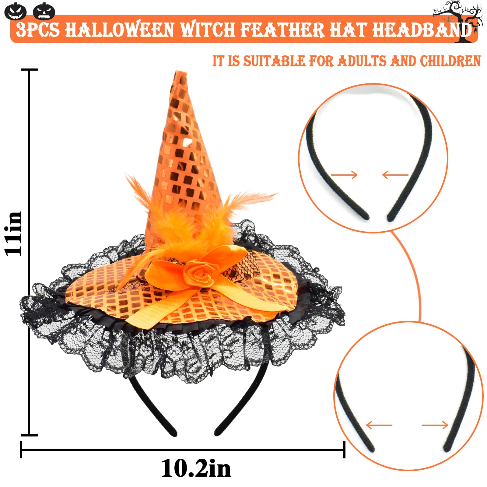 ZeeDix 3 Pcs Halloween Witch Feather Hat Headband- Cute Witch Headpiece for Halloween Costume Dress up Masquerade Supplies(Orange,Purple,Black)