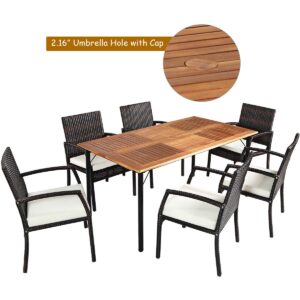 Tangkula 7 Pieces Patio Dining Set, Acacia Wood Wicker Dining Furniture Set with Sturdy Steel Frame & Umbrella Hole, Outdoor Dining Table Chair Set with Removable Cushions for Backyard, Garden (White)