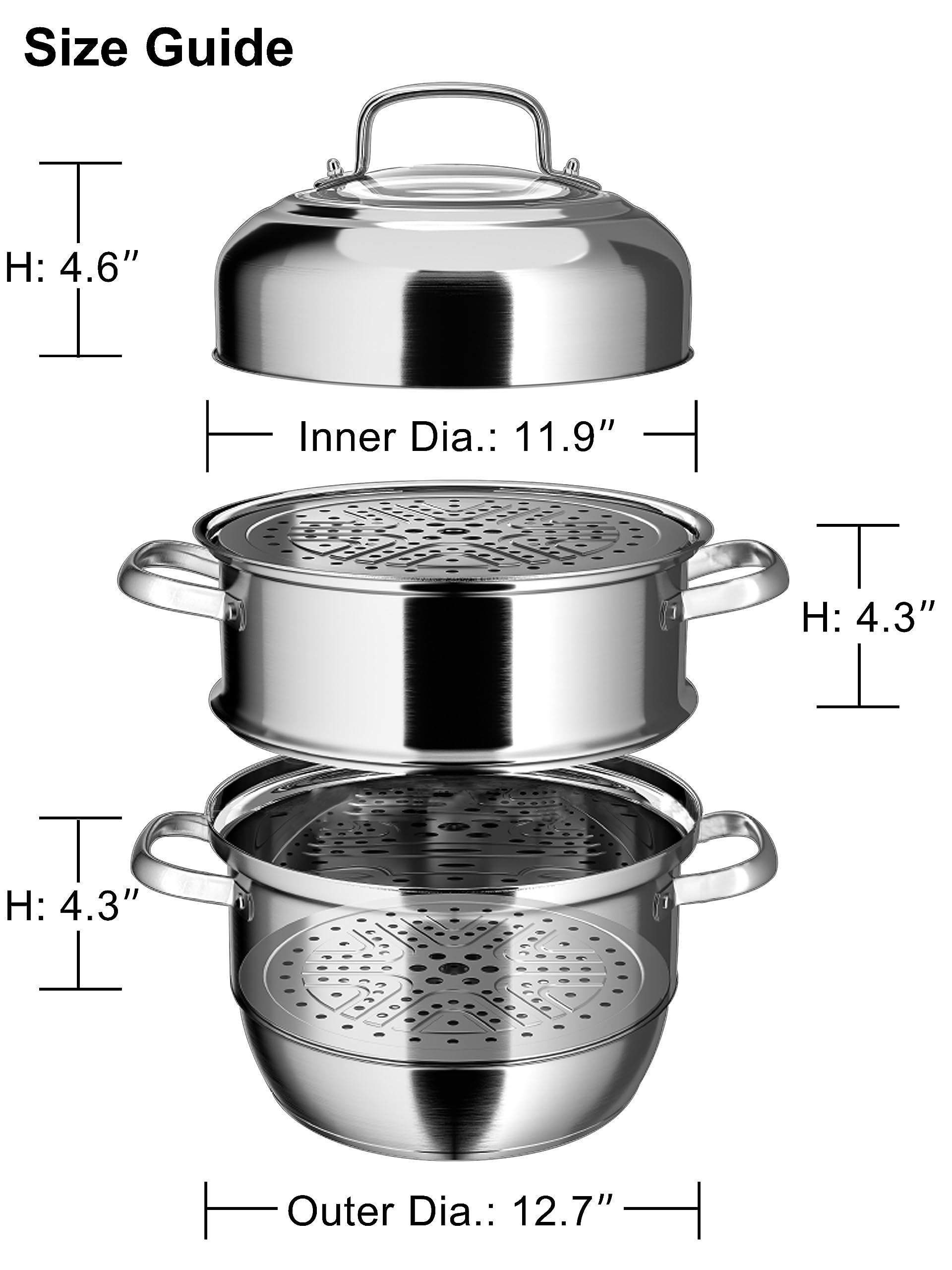 VENTION Large Indution Steamer Pot(32cm), 3 Tier Steamer for Cooking, 12 7/10 Inch Stainless Steel Steamer Pot for Cooking, Steam Pot for Dumpling