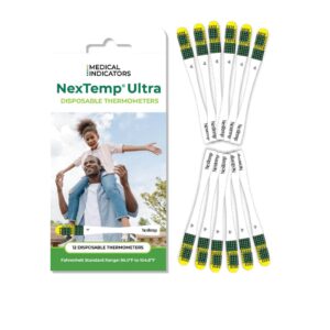 nextemp ultra single-use thermometers - individually wrapped disposable first aid supplies with high-accuracy readings, for work, home, and travel, fahrenheit, 12-pack, by medical indicators inc.