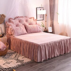 YURASIKU Princess Bedding Set Soft Fleece Jacquard Duvet Cover Set Romantic Lace Flower Design Ruffle Comforter Cover Set with Bed Skirt Girls Queen Size Light Pink