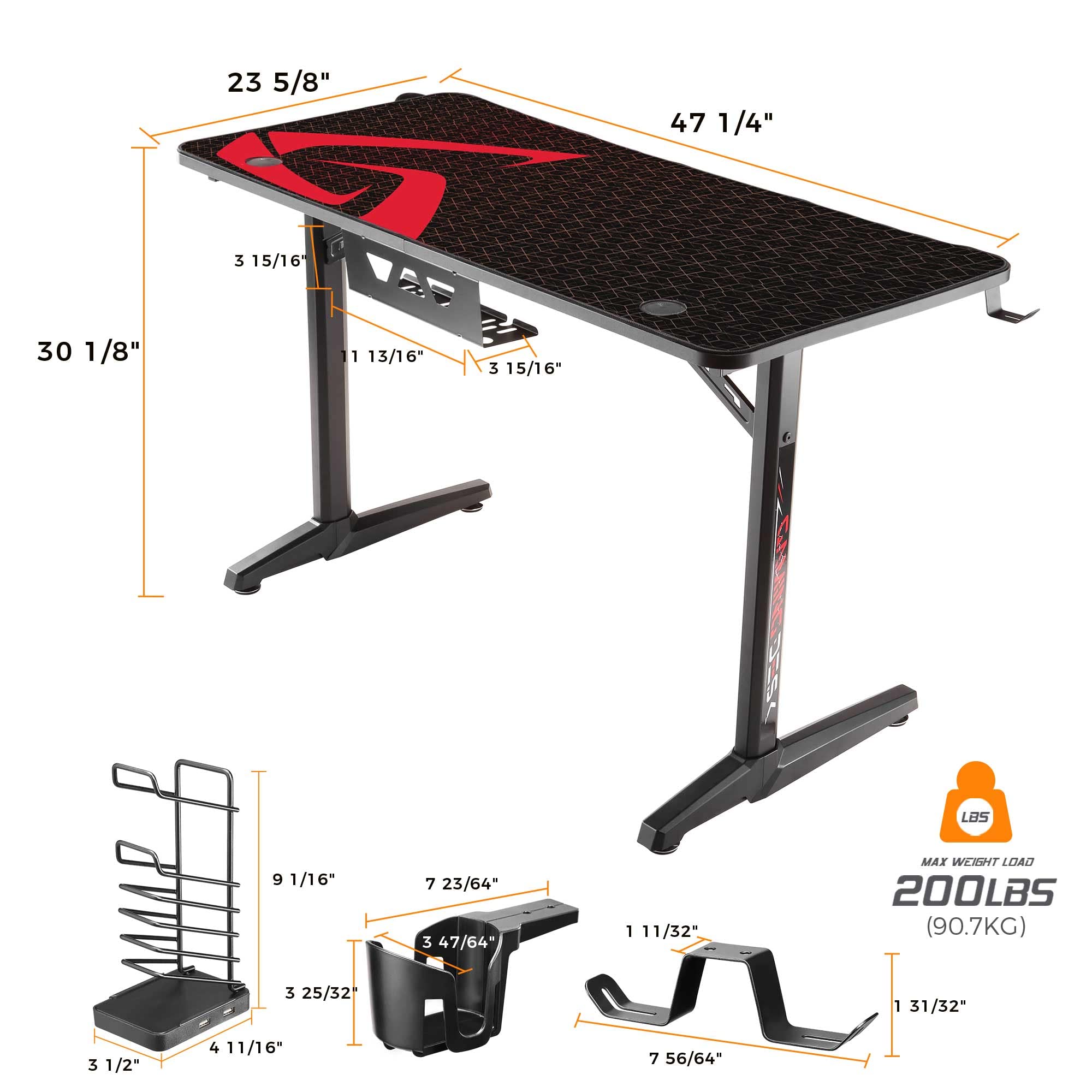 DESIGNA Computer Desk Racing Style, 47 inch Gaming Desk, Writing Home Office Desk with Free Mouse Pad, USB Handle Rack, Cup Holder & Headphone Hook, Black