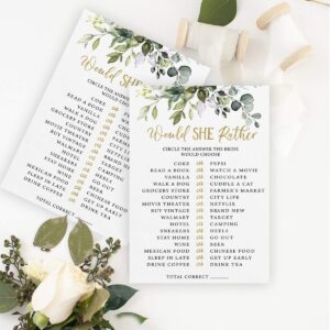 Printed Party Bridal Shower Games – Would She Rather Game with Fun Bride-to-Be Trivia, Wedding Shower Activity, Botanical Eucalyptus Theme, 50 Guests