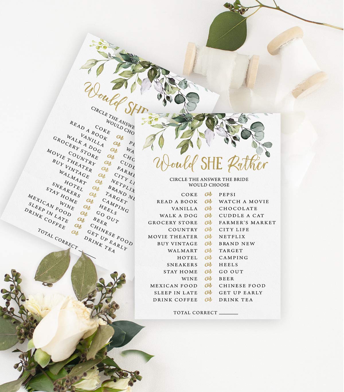 Printed Party Bridal Shower Games – Would She Rather Game with Fun Bride-to-Be Trivia, Wedding Shower Activity, Botanical Eucalyptus Theme, 50 Guests