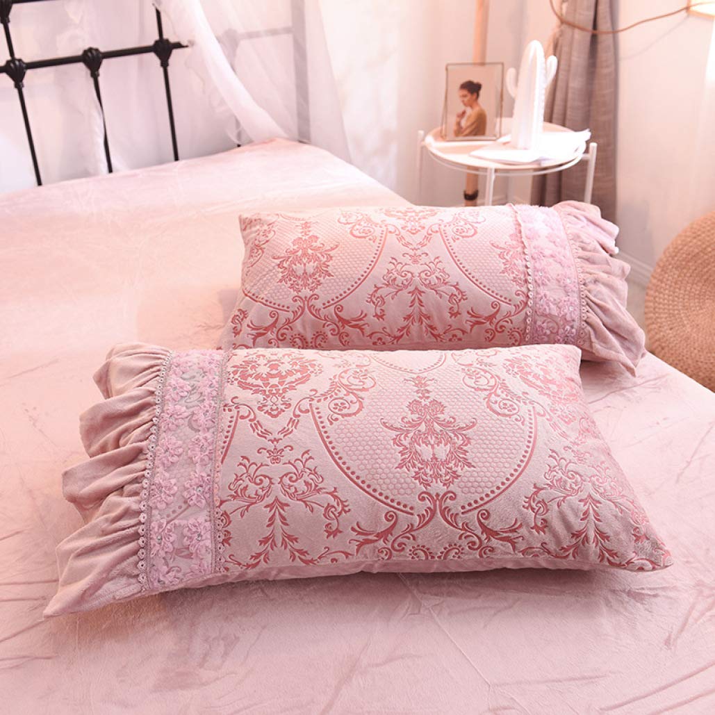 YURASIKU Princess Bedding Set Soft Fleece Jacquard Duvet Cover Set Romantic Lace Flower Design Ruffle Comforter Cover Set with Bed Skirt Girls Queen Size Light Pink