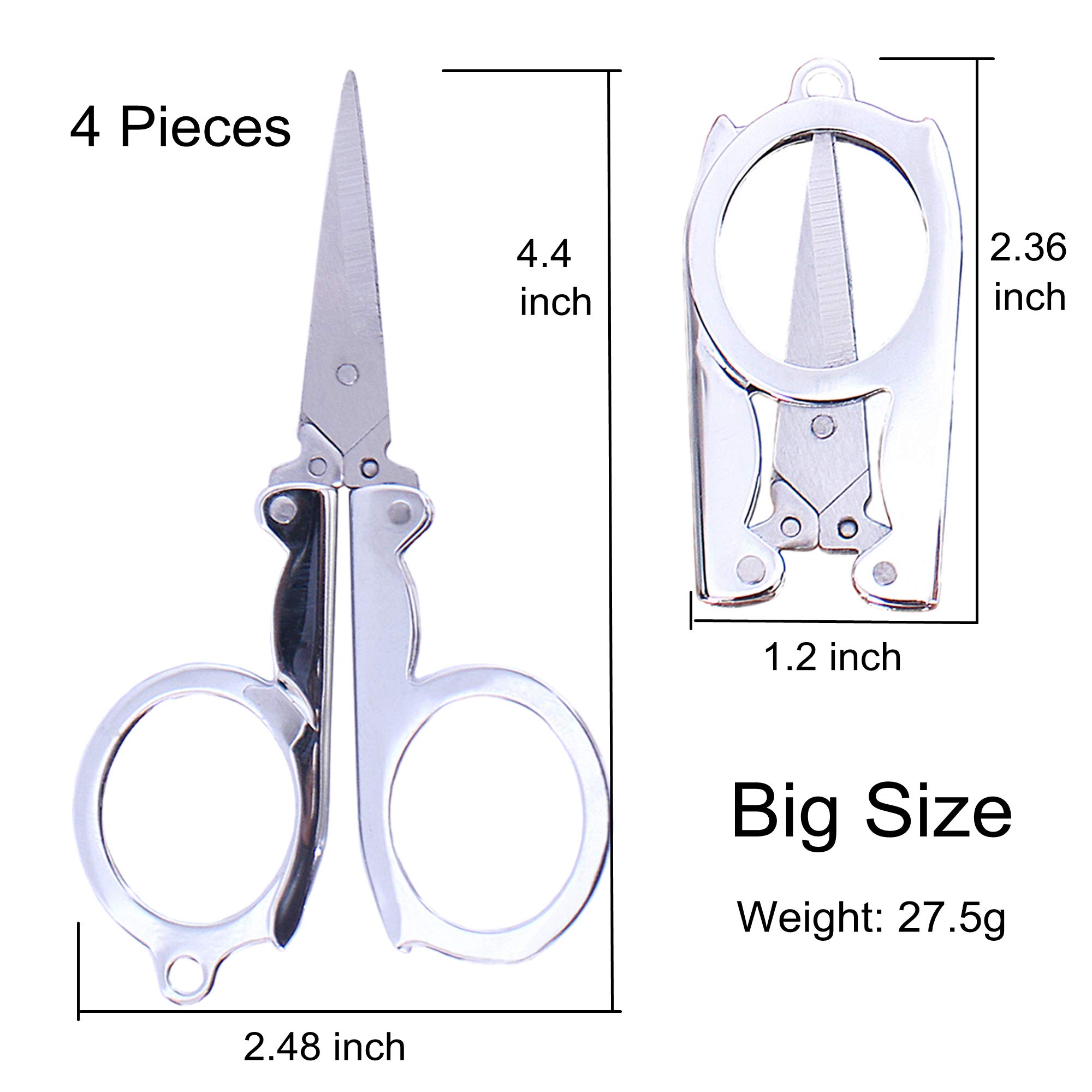 Foldable Small Scissors,Portable Mini Travel Scissor,Big Size Stainless Steel Folding Scissor with Keychain Pointy Small Sewing Fold Up Scissors Craft Camping 4 pack