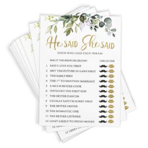 printed party bridal shower games – he said she said game with fun bride and groom trivia, wedding shower activity, botanical eucalyptus theme, 50 guests