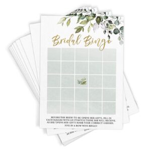 printed party bridal shower games – bingo game with blank squares to guess the bride’s gifts, fun wedding shower activity, botanical eucalyptus theme, 50 guests