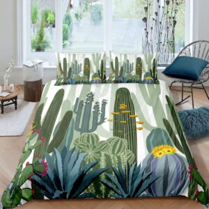 erosebridal cactus duvet cover queen prickly pear bedding set desert plant yellow red flower quilt cover botanical green leaves garden style comforter cover, decorative soft microfiber