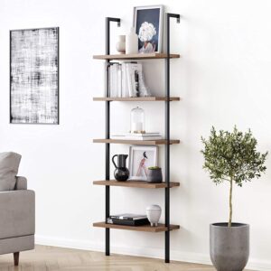 nathan james theo 5-shelf oak wood modern bookcase, open wall mount ladder bookshelf with industrial black metal frame