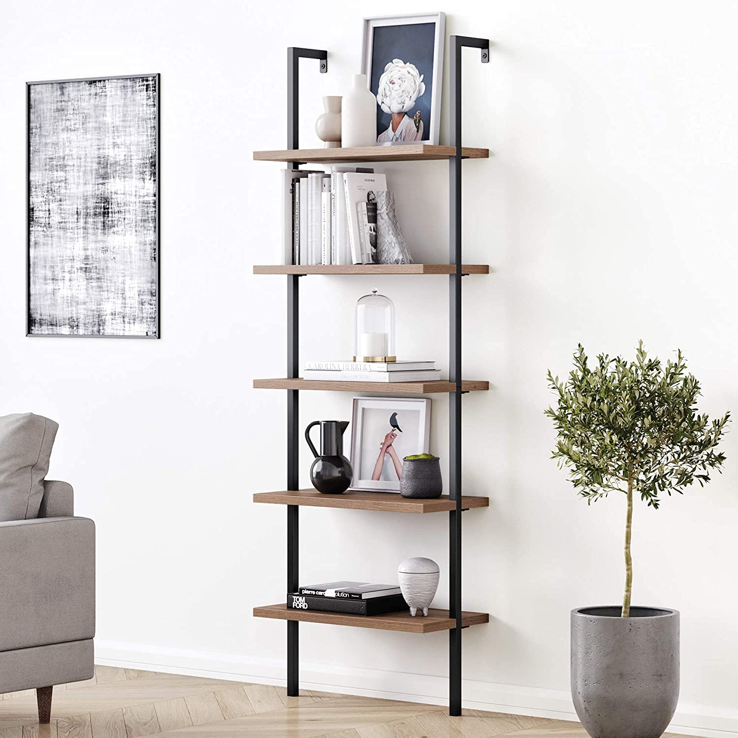 Nathan James Theo 5-Shelf Oak Wood Modern Bookcase, Open Wall Mount Ladder Bookshelf with Industrial Black Metal Frame