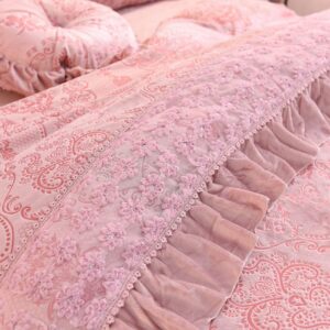 YURASIKU Princess Bedding Set Soft Fleece Jacquard Duvet Cover Set Romantic Lace Flower Design Ruffle Comforter Cover Set with Bed Skirt Girls Queen Size Light Pink