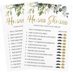 Printed Party Bridal Shower Games – He Said She Said Game with Fun Bride and Groom Trivia, Wedding Shower Activity, Botanical Eucalyptus Theme, 50 Guests