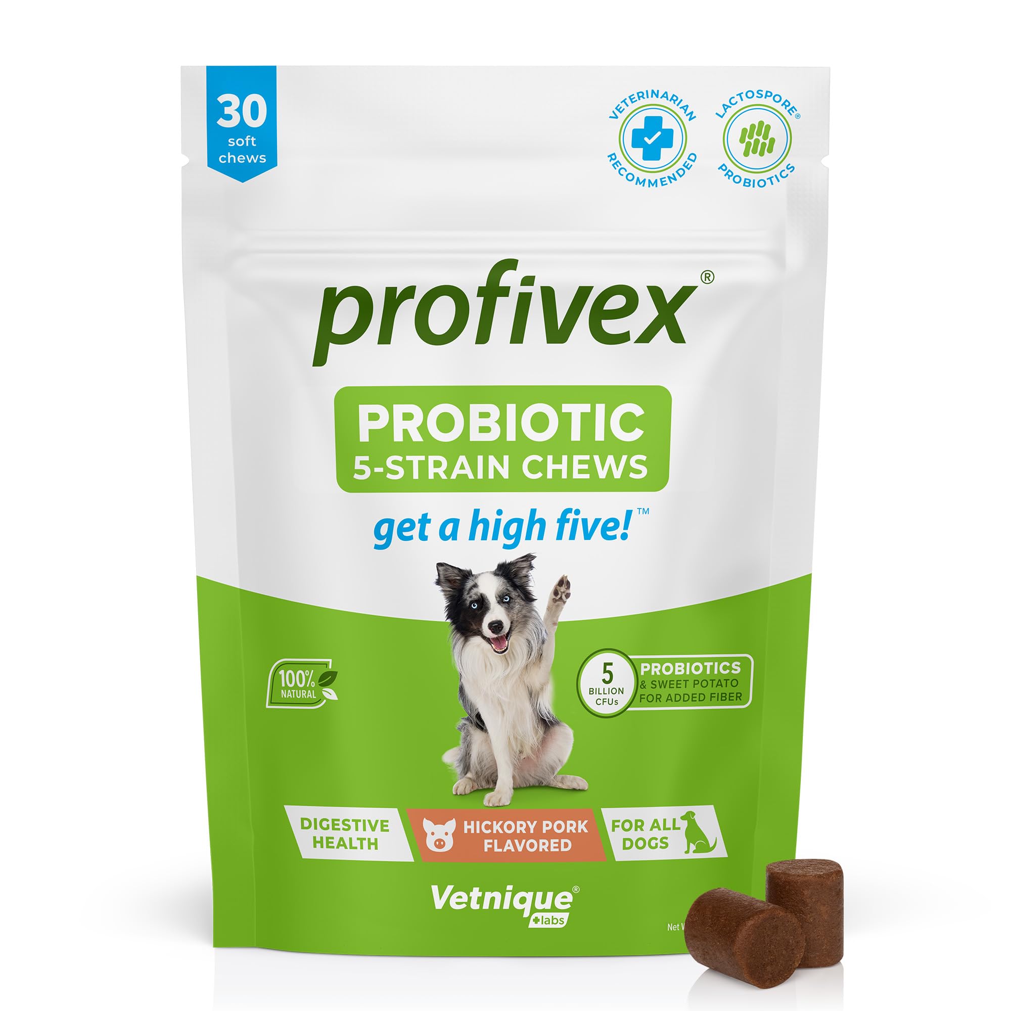 Vetnique Profivex 5-Strain Probiotic for Dogs Soft Chews (30ct) & Glandex for Dogs Anal Gland Fiber Support Peanut Butter Soft Chews (120ct) Bundle