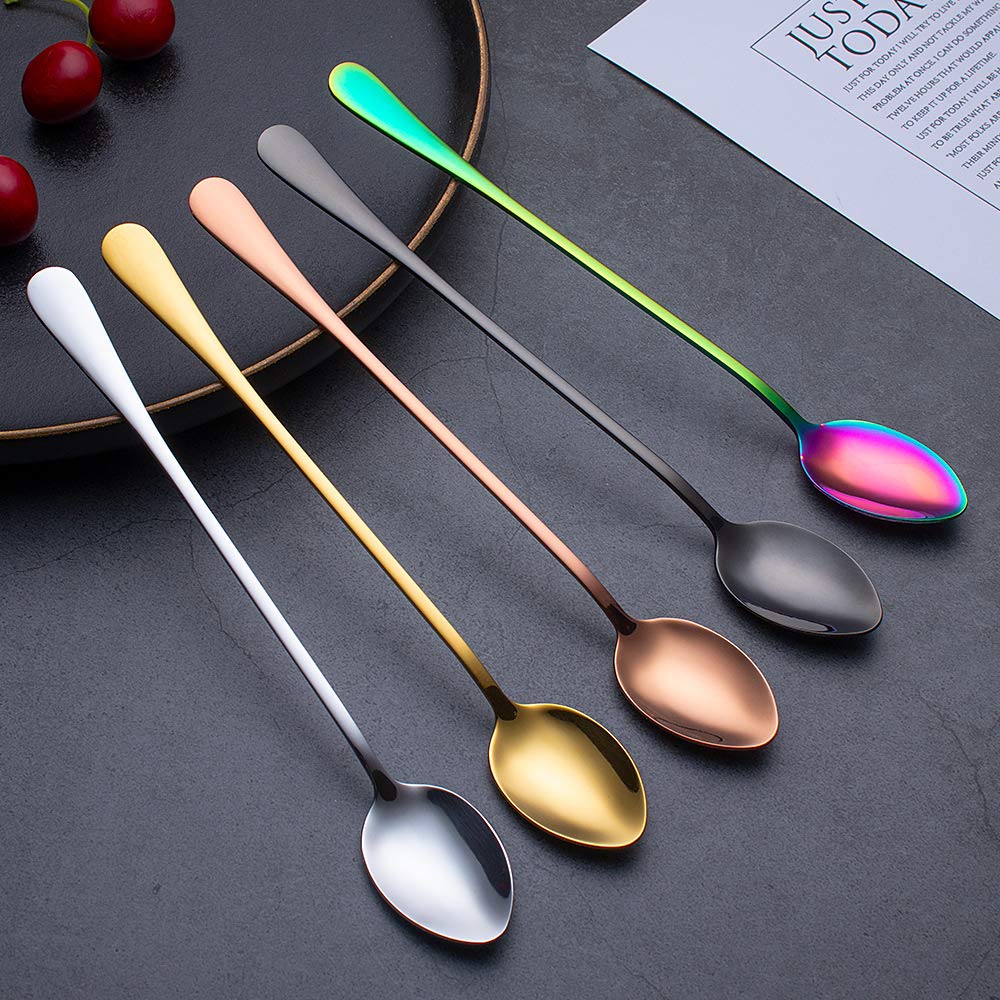 Long Handle Tea Spoon, Stainless Steel Multicolored Spoon Iced Tea Spoons for Mixing Ice Cream Coffee Spoon Milkshake Dessert Spoon Cocktail Stirring Spoons Set of 5.