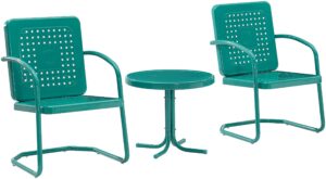 crosley furniture bates 3-piece outdoor chair and side table set, retro metal bistro patio conversation sets, turquoise gloss