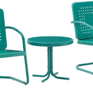 Crosley Furniture Bates 3-Piece Outdoor Chair and Side Table Set, Retro Metal Bistro Patio Conversation Sets, Turquoise Gloss