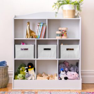 guidecraft toy storage organizer - gray: kids' wooden multi shelf cubby with bins for books, toys and clothes - playroom/bedroom bookshelf with baskets