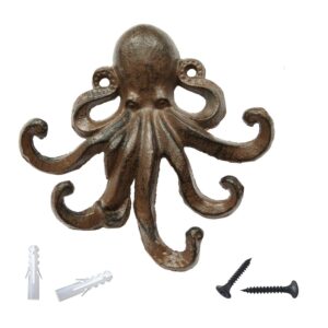 ymaiss rustic brown cast iron octopus hooks,key hooks,sea theme hook,coastal hook,antique old shabby chic cast iron hooks, decorative swimming octopus tentacles key hook matching screws included