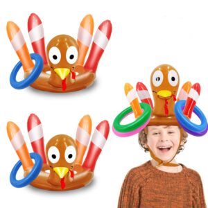 2 pack thanksgiving ring toss games toys for kids thanksgiving inflatable turkey hats toss games thanksgiving family school party favors decor indoor outdoor party game(2 turkey hats, 8 rings)