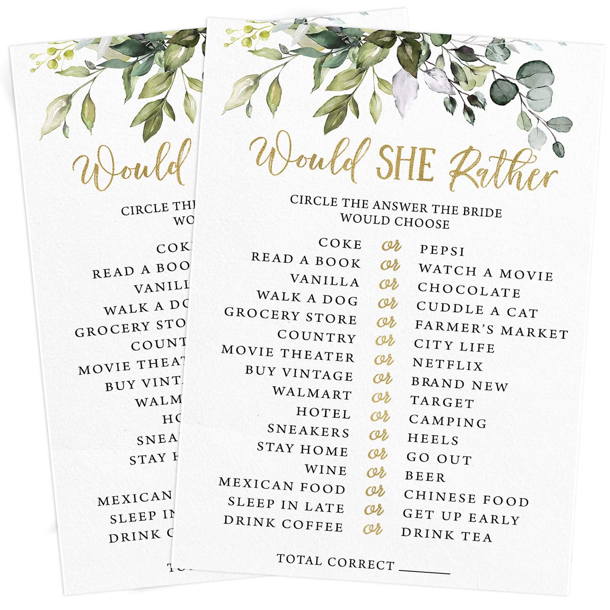 Printed Party Bridal Shower Games – Would She Rather Game with Fun Bride-to-Be Trivia, Wedding Shower Activity, Botanical Eucalyptus Theme, 50 Guests