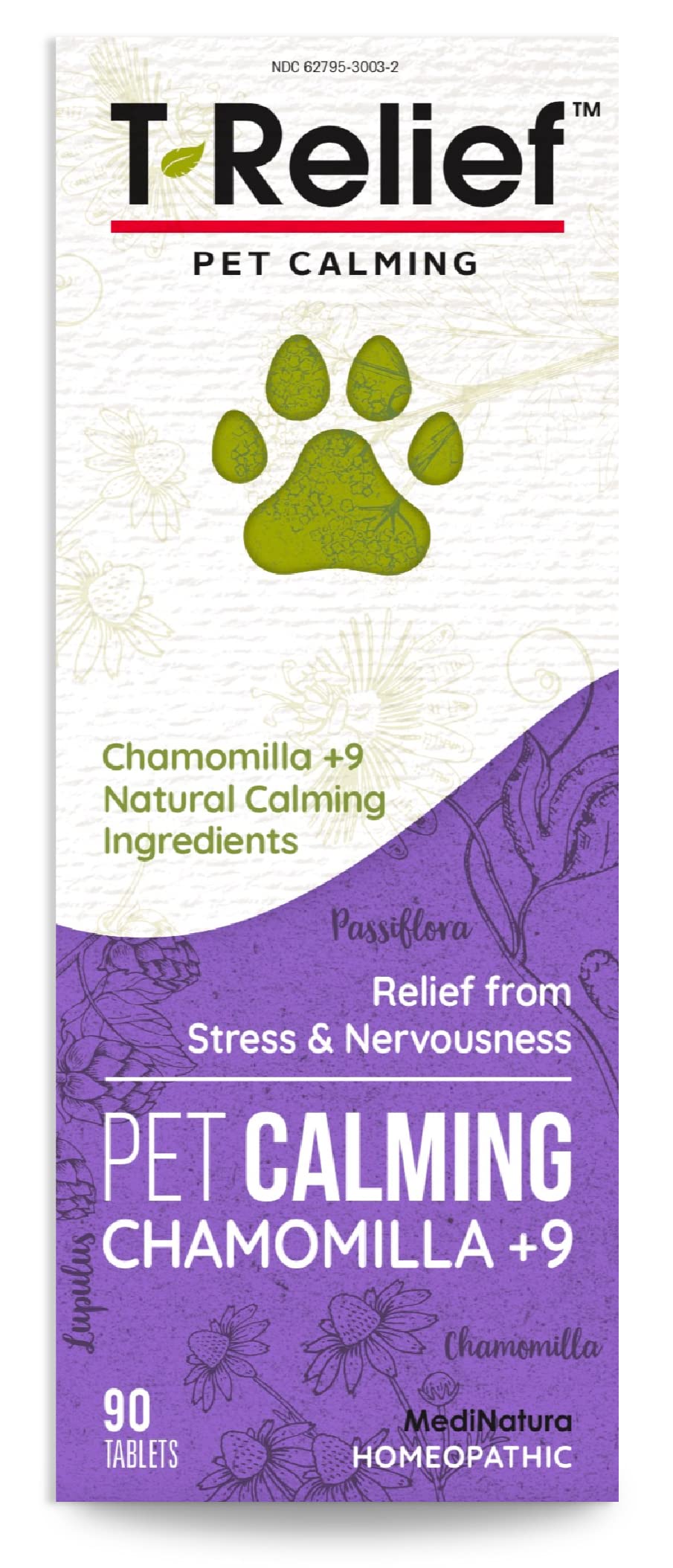 T-Relief Pet Calming for Dog & Cat Natural Comfort Remedy for Nervousness & Stress with Chamomile + 9 Soothing Actives Relaxing Herbal Relief - 90 Tablets