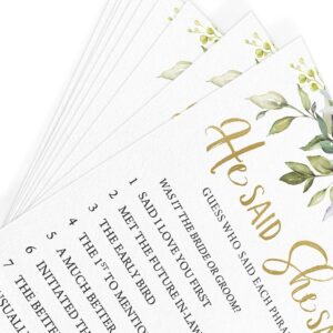 Printed Party Bridal Shower Games – He Said She Said Game with Fun Bride and Groom Trivia, Wedding Shower Activity, Botanical Eucalyptus Theme, 50 Guests