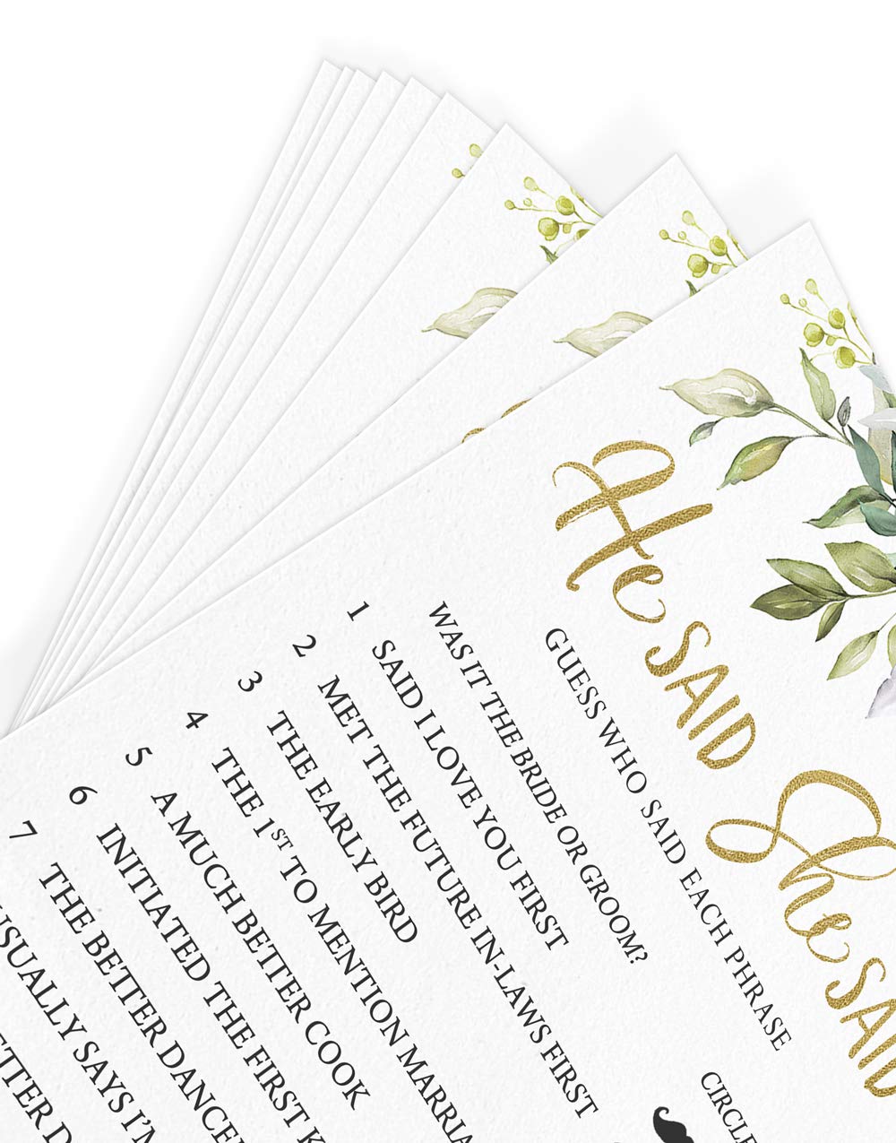 Printed Party Bridal Shower Games – He Said She Said Game with Fun Bride and Groom Trivia, Wedding Shower Activity, Botanical Eucalyptus Theme, 50 Guests