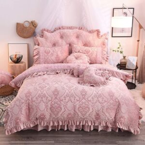 yurasiku princess bedding set soft fleece jacquard duvet cover set romantic lace flower design ruffle comforter cover set with bed skirt girls queen size light pink