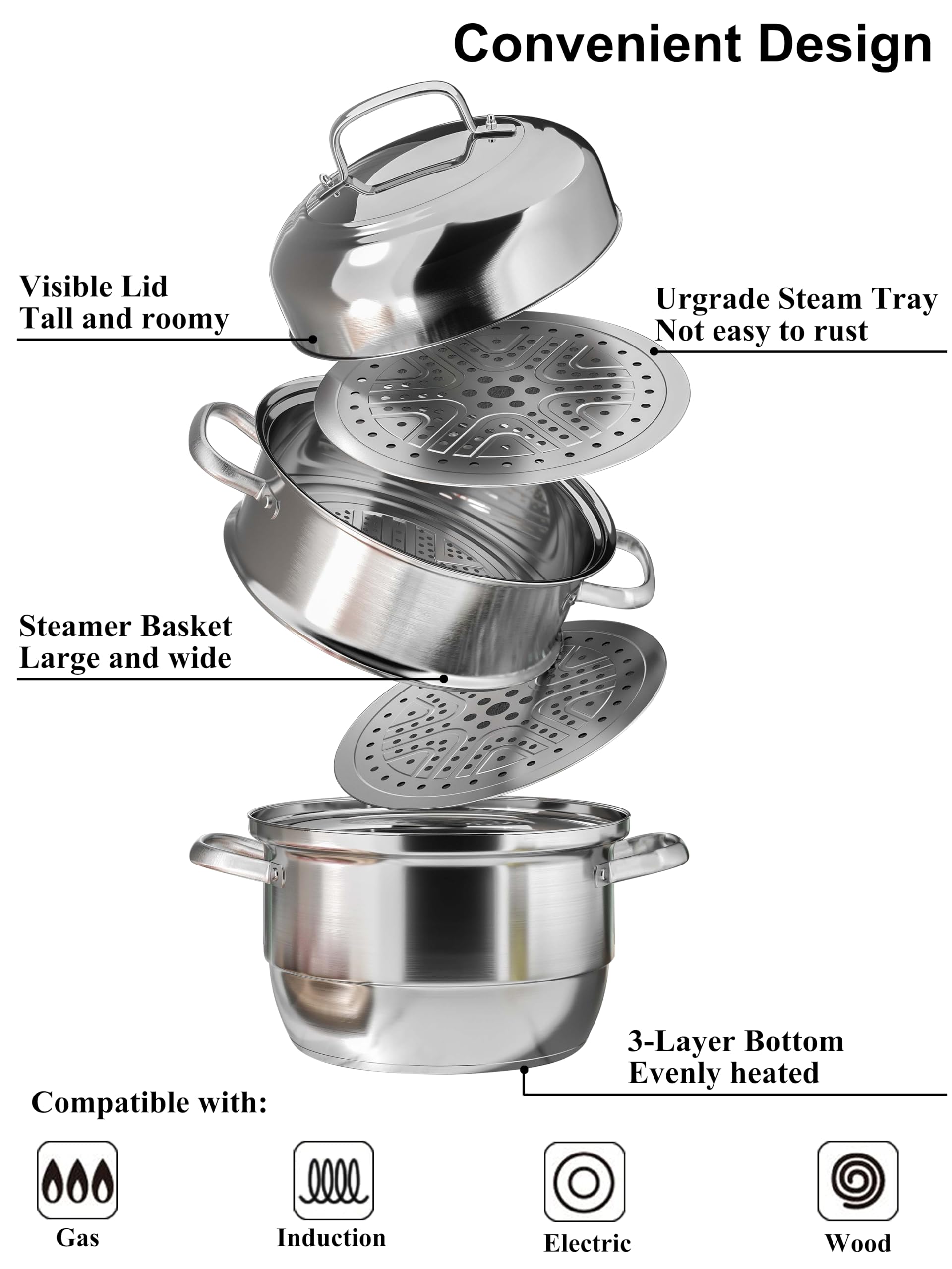 VENTION Large Indution Steamer Pot(32cm), 3 Tier Steamer for Cooking, 12 7/10 Inch Stainless Steel Steamer Pot for Cooking, Steam Pot for Dumpling