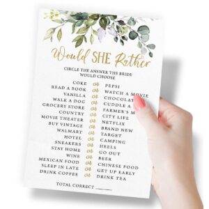 Printed Party Bridal Shower Games – Would She Rather Game with Fun Bride-to-Be Trivia, Wedding Shower Activity, Botanical Eucalyptus Theme, 50 Guests