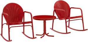 crosley furniture griffith 3-piece outdoor rocking chair and side table set, retro metal bistro patio sets, bright red gloss