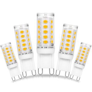 ziomitus dimmable g9 led bulbs replace 30w 25w 20w halogen,g9 3w 2700k warm white led t3 t4 clear,ac120v dimmable g9 led bulbs 300lm for chandelier ceiling pendant lighting,5pack,no flicker