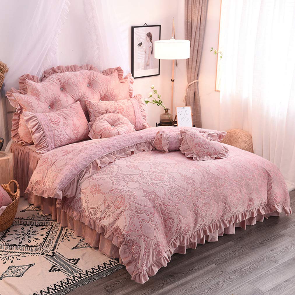 YURASIKU Princess Bedding Set Soft Fleece Jacquard Duvet Cover Set Romantic Lace Flower Design Ruffle Comforter Cover Set with Bed Skirt Girls Queen Size Light Pink