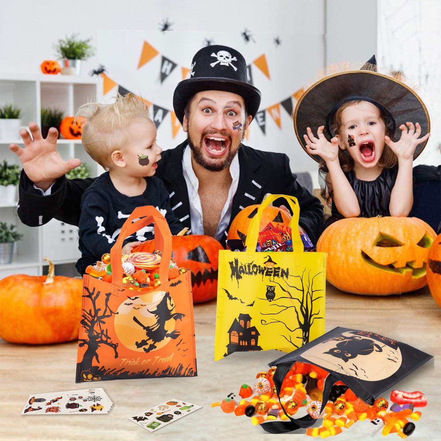 Halloween Treats Bags Party Favors - 30 pack Non-Woven Halloween Tote Gift Bags for Kids Trick or Treat Bags with 54 pcs Tattoos, Reusable Candy Bags Goodie Bag for Halloween Party Supplies(6 Pattern)