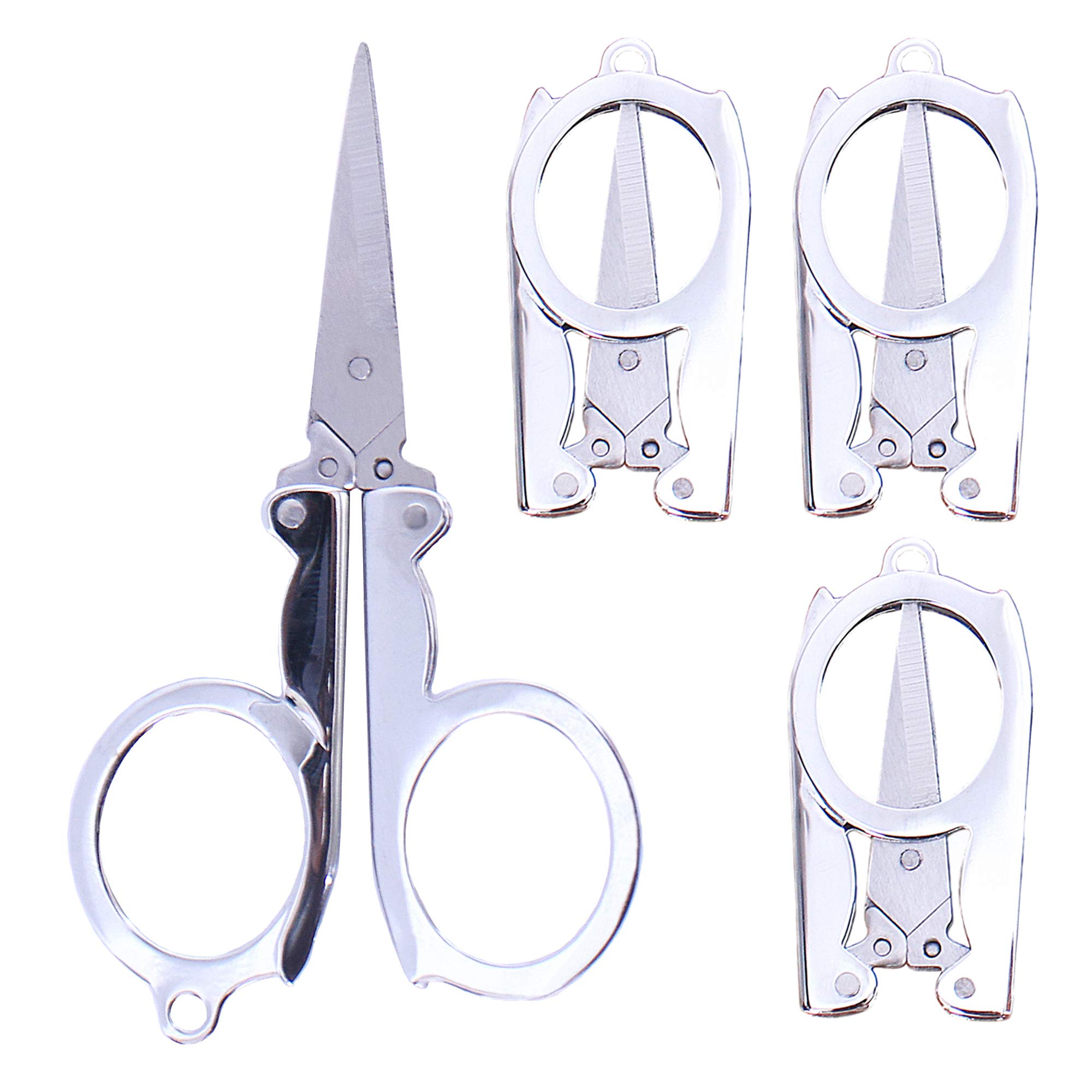 Foldable Small Scissors,Portable Mini Travel Scissor,Big Size Stainless Steel Folding Scissor with Keychain Pointy Small Sewing Fold Up Scissors Craft Camping 4 pack