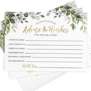 printed party advice and wishes for the mr and mrs – wedding advice cards for bridal shower, games and favors for guests, eucalyptus botanical decor, 50 cards