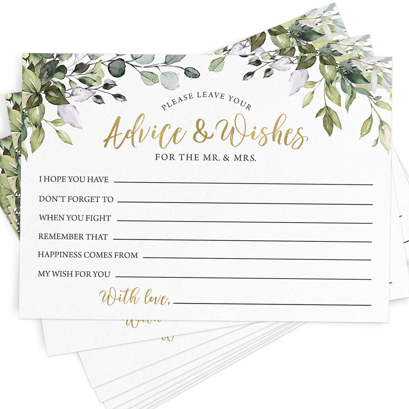 Printed Party Advice and Wishes for the Mr and Mrs – Wedding Advice Cards for Bridal Shower, Games and Favors for Guests, Eucalyptus Botanical Decor, 50 Cards