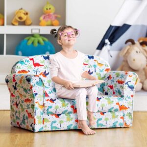 Costzon Kids Couch, Double Seat Children's Sofa w/Dinosaur Pattern, Comfortable Back, Easy to Move, Toddler Armrest Chair for Bedroom, Living Room, Soft Kids Sofa for Preschool Baby Boys Girls Gifts