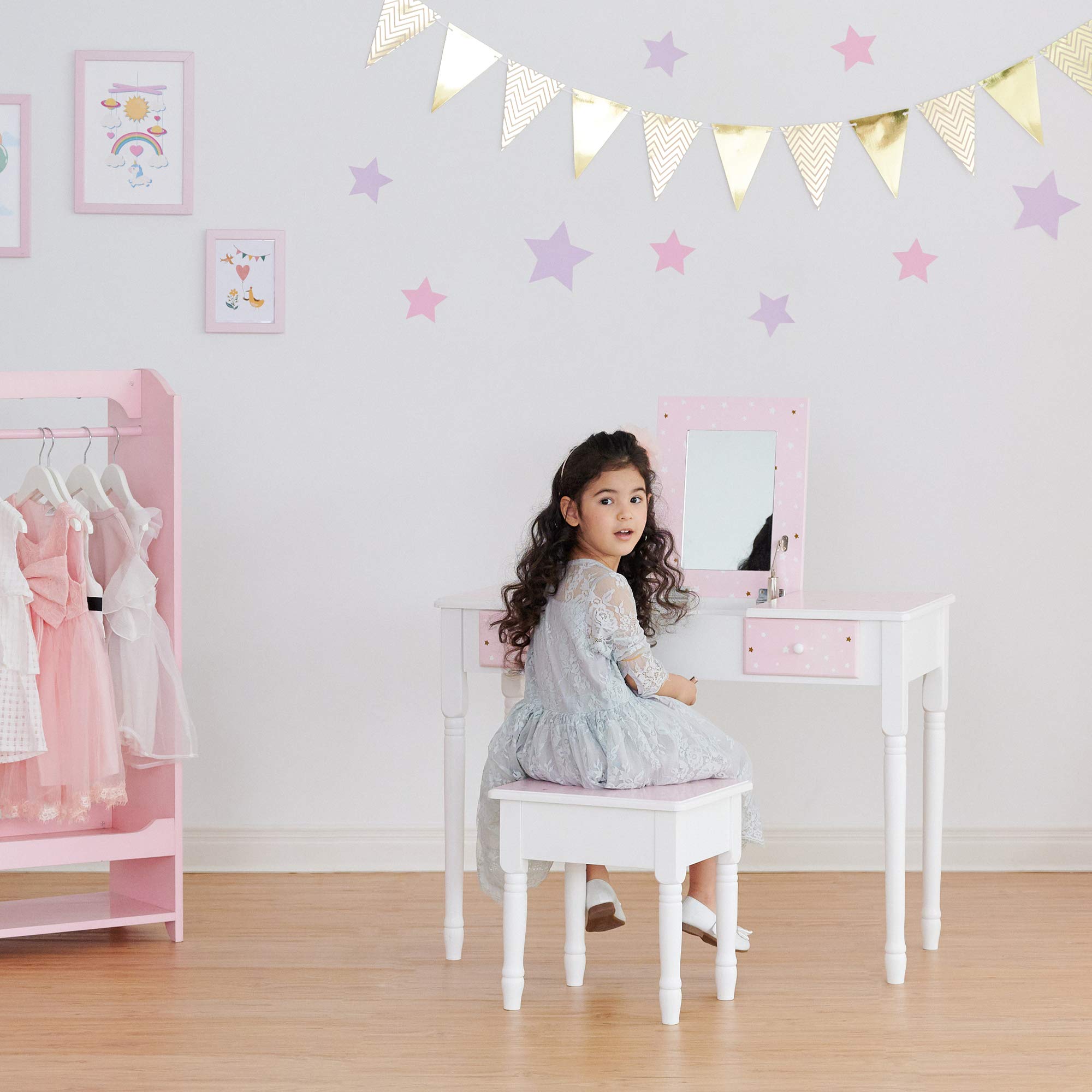 Fantasy Fields Teamson Kids Twinkle Star Kate Kids Vanity Set with Drawer and Mirror, Pink/White