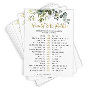 printed party bridal shower games – would she rather game with fun bride-to-be trivia, wedding shower activity, botanical eucalyptus theme, 50 guests