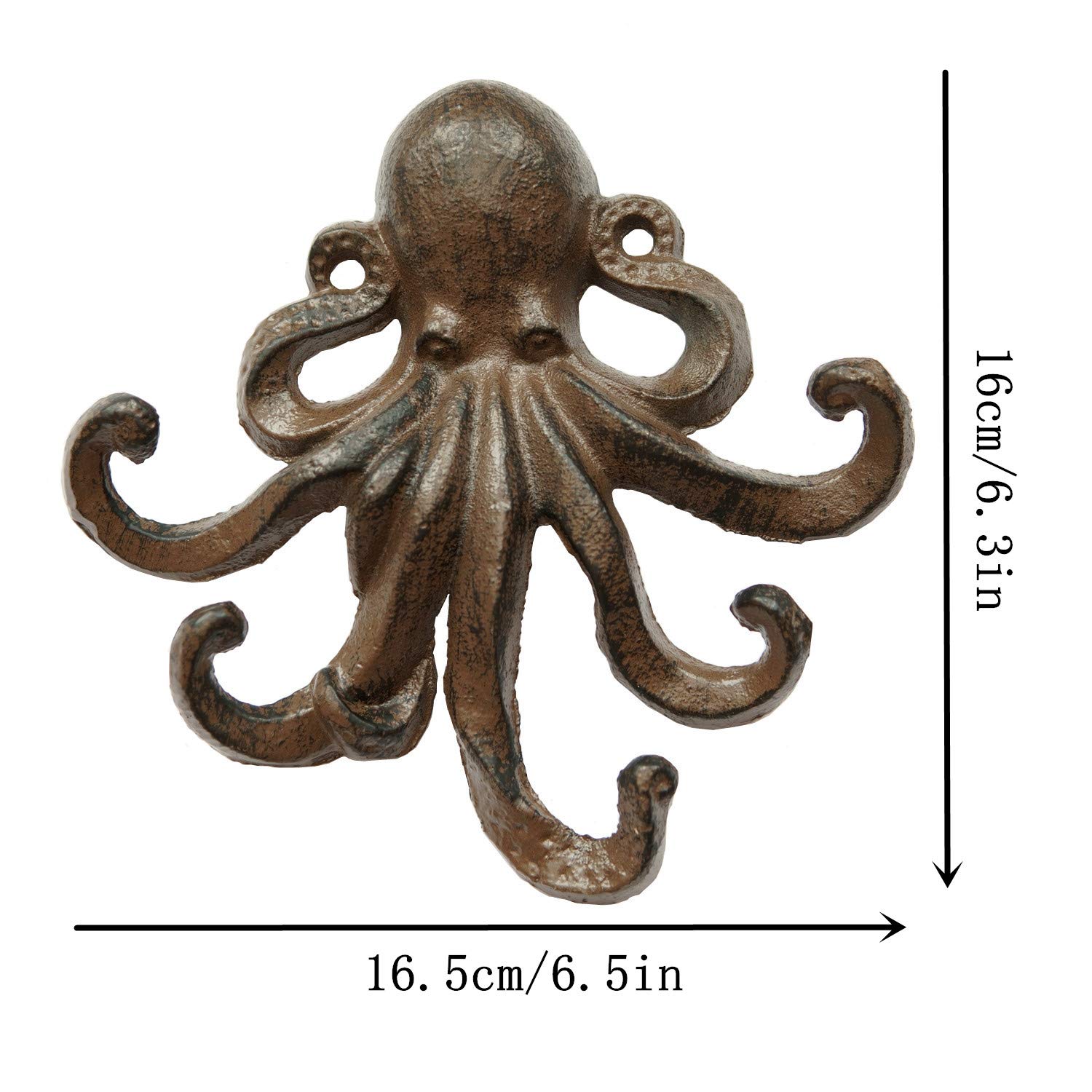 YMAISS Rustic Brown Cast Iron Octopus Hooks,Key Hooks,Sea Theme Hook,Coastal Hook,Antique Old Shabby Chic Cast Iron Hooks, Decorative Swimming Octopus Tentacles Key Hook Matching Screws Included