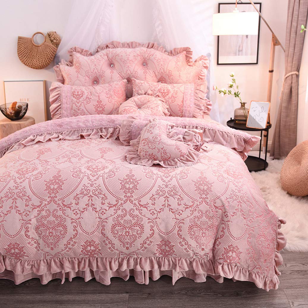 YURASIKU Princess Bedding Set Soft Fleece Jacquard Duvet Cover Set Romantic Lace Flower Design Ruffle Comforter Cover Set with Bed Skirt Girls Queen Size Light Pink