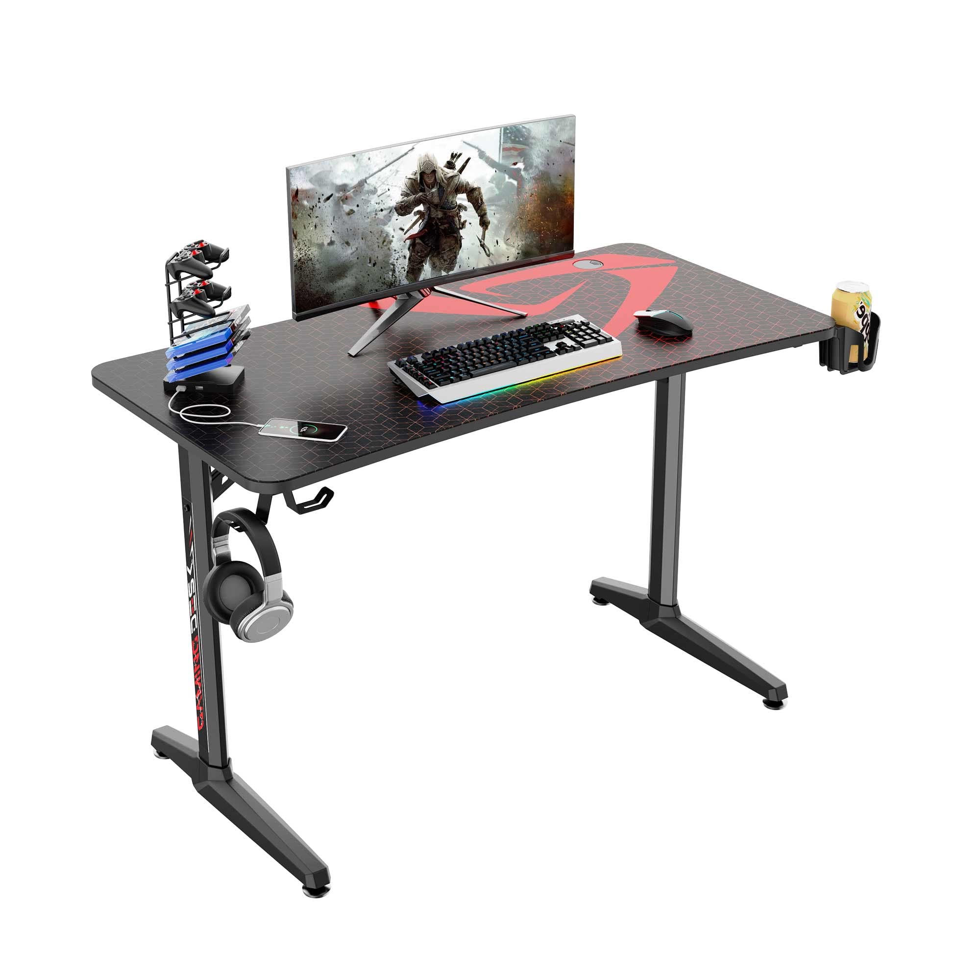 DESIGNA Computer Desk Racing Style, 47 inch Gaming Desk, Writing Home Office Desk with Free Mouse Pad, USB Handle Rack, Cup Holder & Headphone Hook, Black