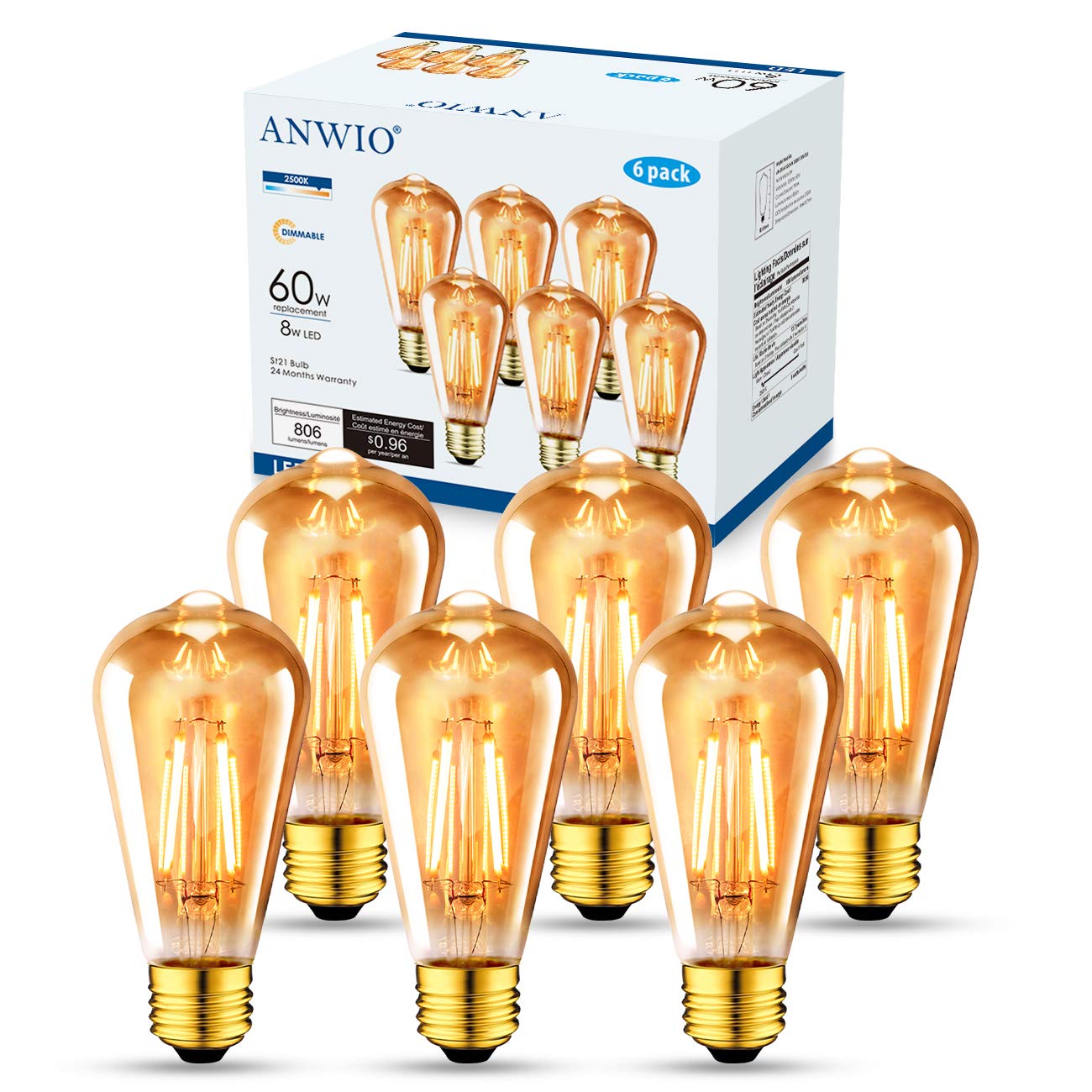 ANWIO Vintage Edison Light Bulb ST21 LED Filament Bulb 7W(60 Watt Equivalent) Dimmable 2500K (Amber Glow) Warm White E26 Medium Base, Amber Glass Cover,6 Pack