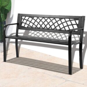 45.5in outdoor patio garden bench mesh pattern loveseat,cast iron heavy duty front porch chair w/steel frame- easy assembly rust free for park yard backyard lawn pool decor deck furniture- black