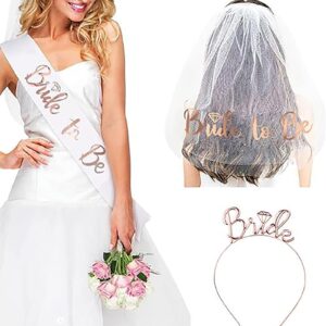 Bride to Be Set, 3pack Bride to Be Sash & Headband Tiara & Shoulder Length Veil Bachelorette Party Supplies Bridal Shower Decoration Accessories