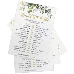 Printed Party Bridal Shower Games – Would She Rather Game with Fun Bride-to-Be Trivia, Wedding Shower Activity, Botanical Eucalyptus Theme, 50 Guests