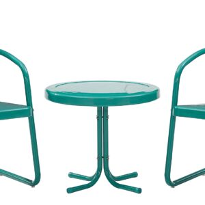 Crosley Furniture Bates 3-Piece Outdoor Chair and Side Table Set, Retro Metal Bistro Patio Conversation Sets, Turquoise Gloss