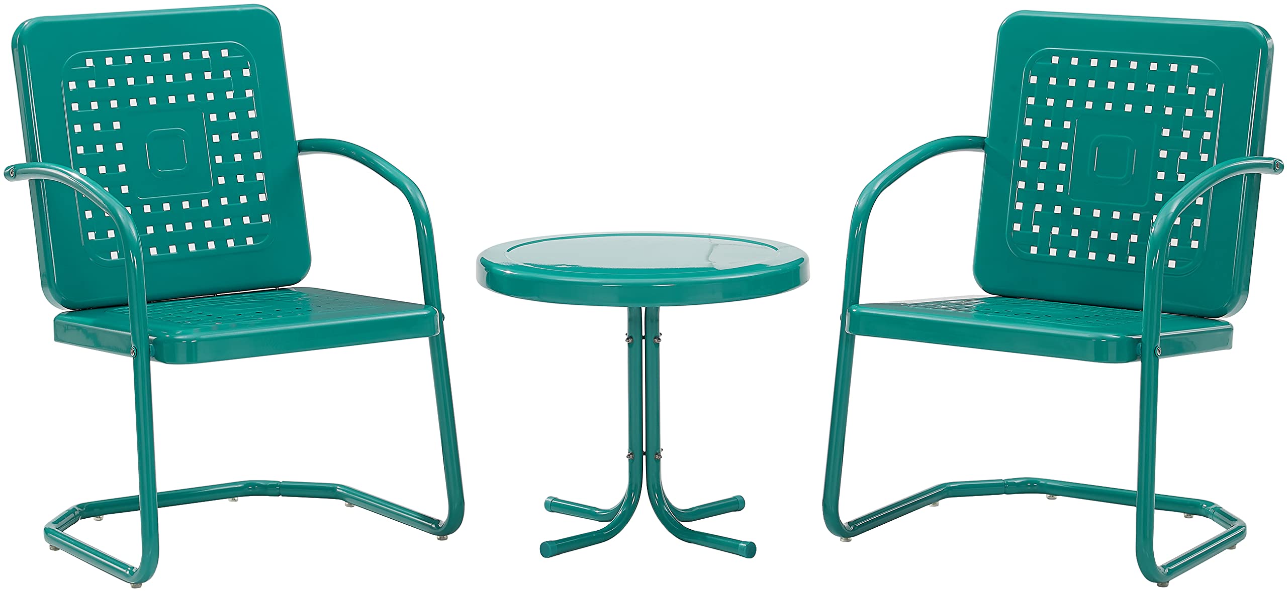 Crosley Furniture Bates 3-Piece Outdoor Chair and Side Table Set, Retro Metal Bistro Patio Conversation Sets, Turquoise Gloss